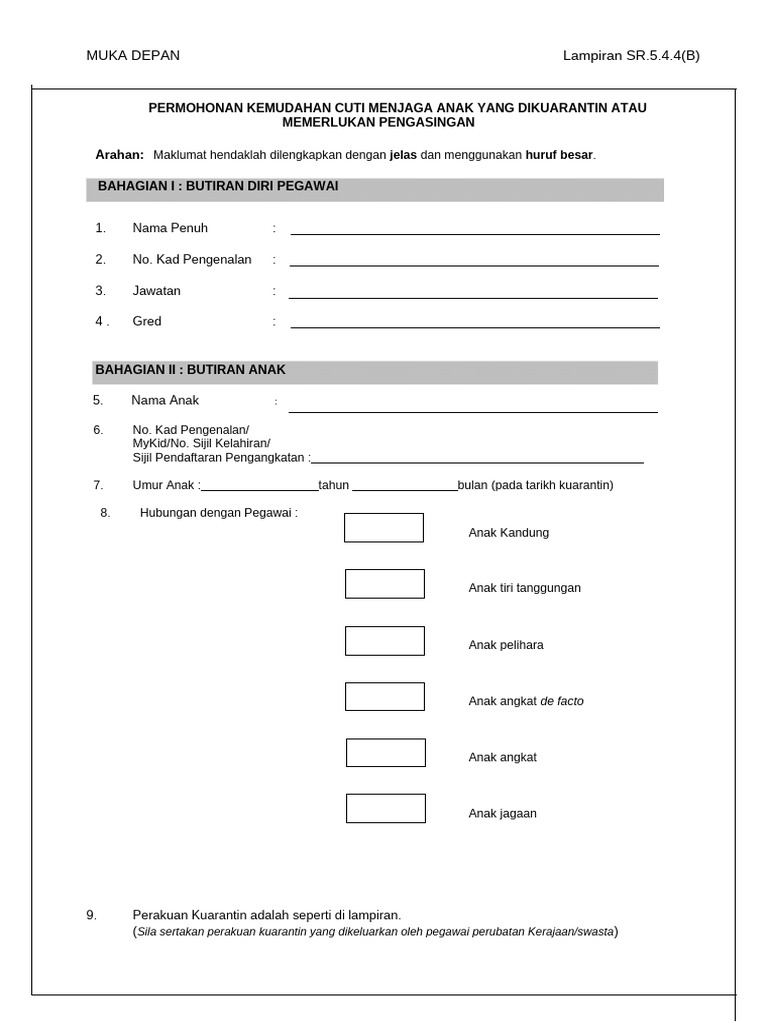 Contoh Borang Cuti Kuarantin | PDF