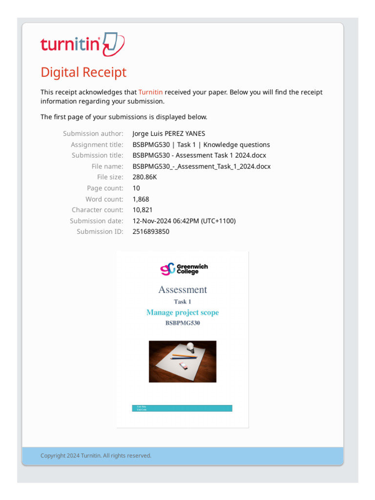 Receipt - BSBPMG530 - Assessment Task 1 2024 | PDF
