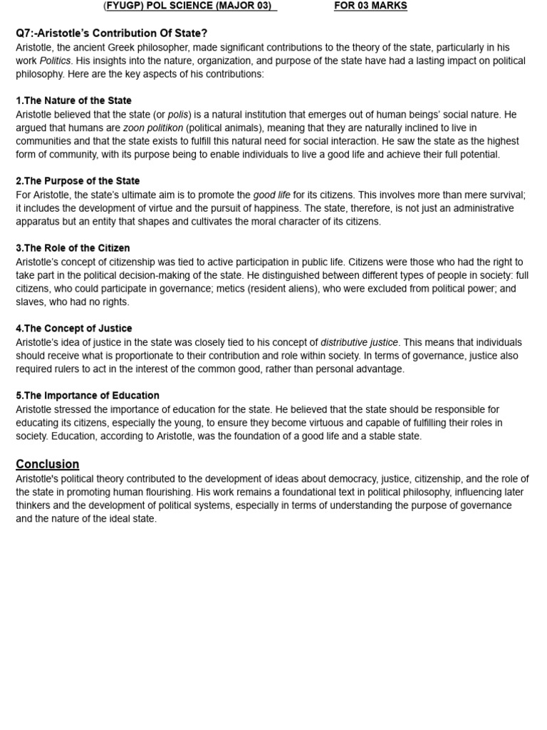 Q7 - Aristotle's Contribution of State | PDF | Citizenship | State (Polity)