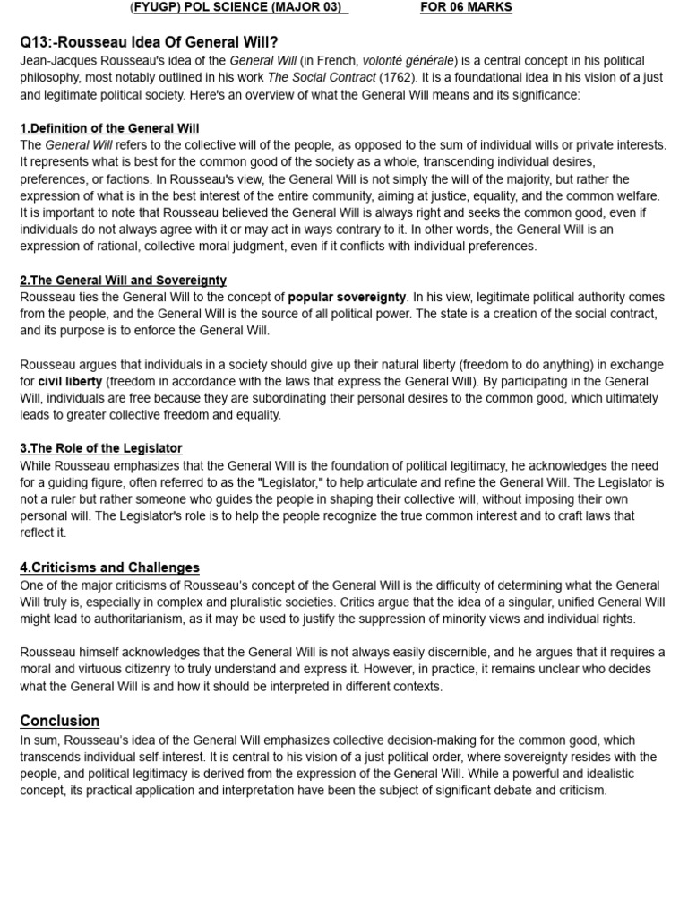 Q13 - Rousseau Idea of General Will | PDF | Social Contract | Common Good