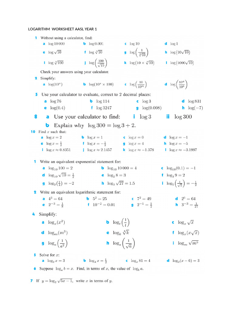 Logarithm Worksheet Aasl Year 1 | PDF