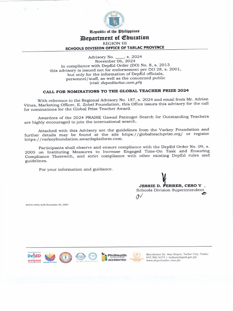 Advisory - Call For Nominations The Global Teacher Prize 2024 | PDF