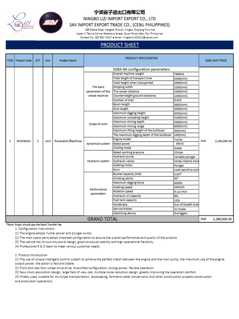 Point 5 Cubic Meter Backhoe Product Sheet | PDF | Land Vehicles | Motor ...