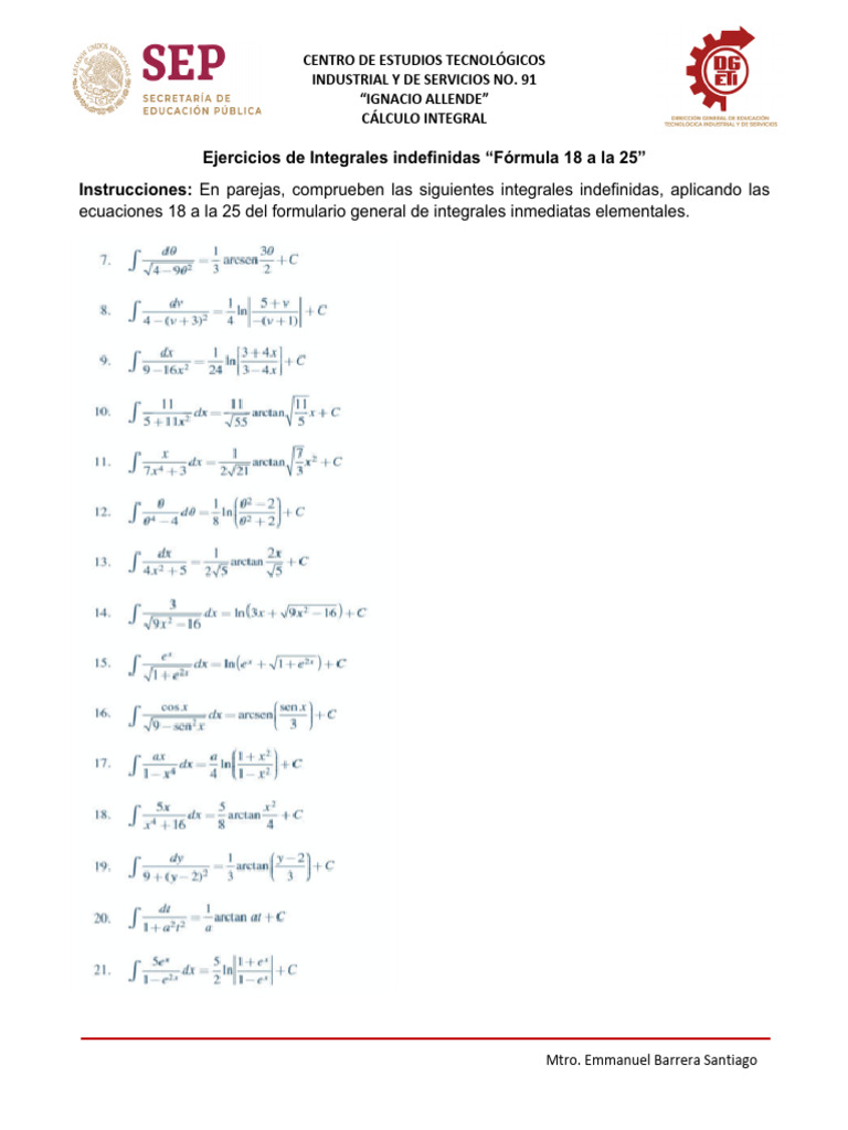 Actividad Integrales indefinidas fórmula 18 a la 25 | PDF