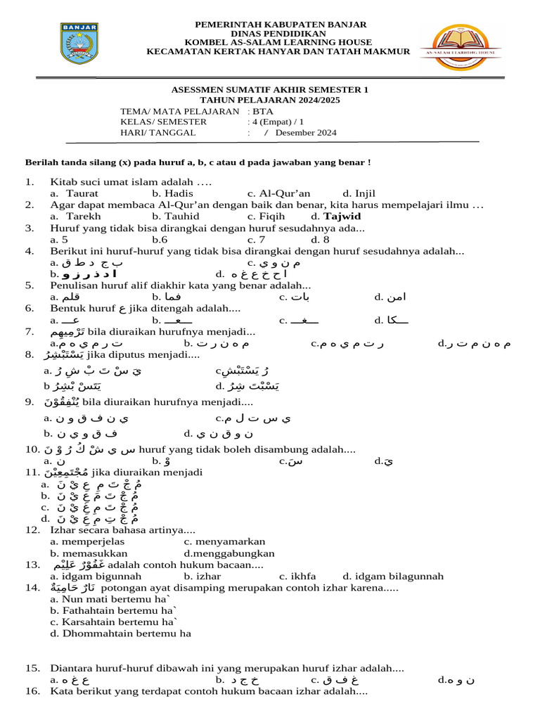 SOAL BTA SAS KELAS 4 | PDF
