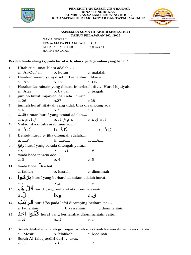 SOAL BTA SAS KELAS 2 | PDF