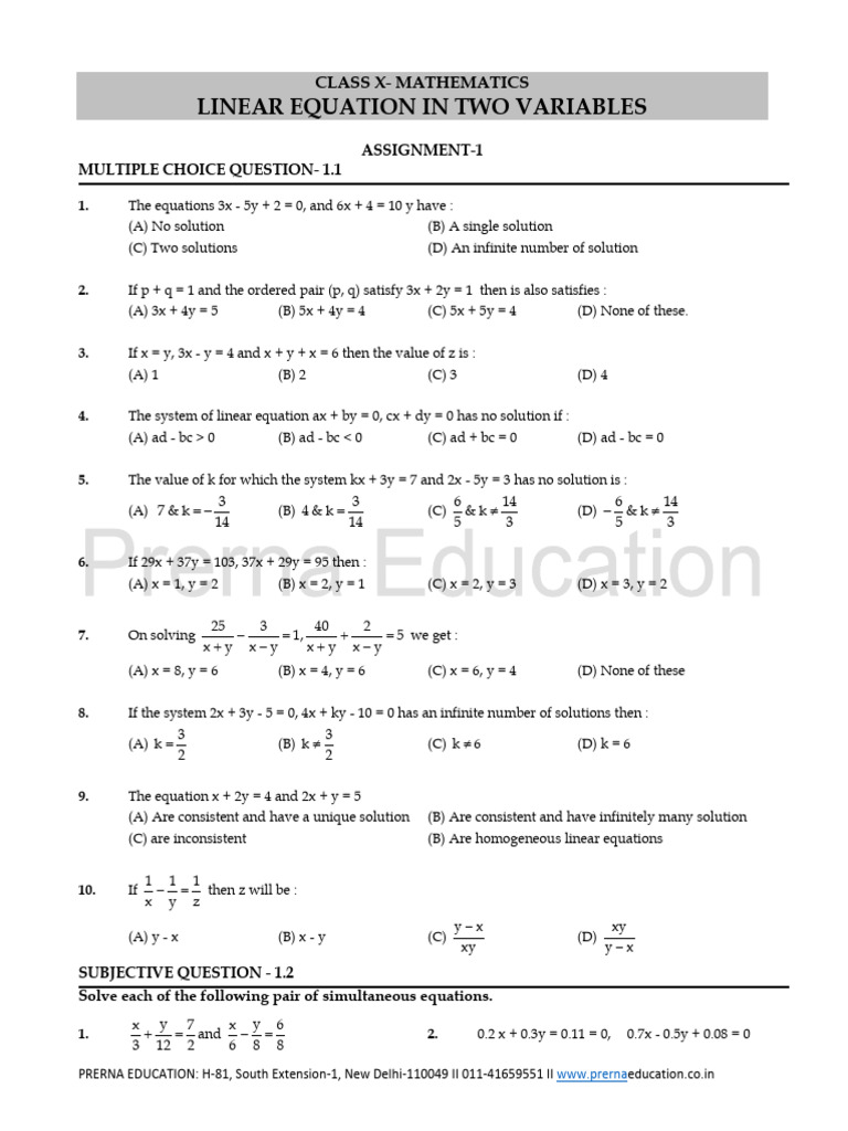 Math Linear Equation in Two Variables Assgn 1 | PDF | Equations ...