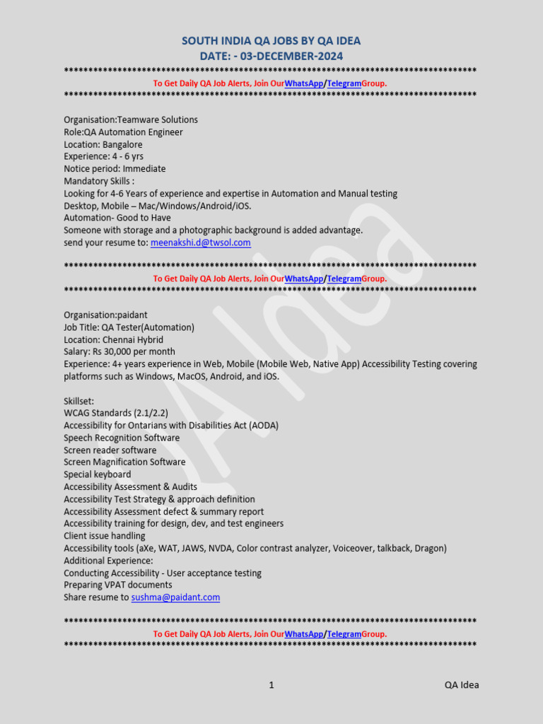 South India QA Jobs 03 Dec 2024 | PDF | Selenium (Software) | Accessibility