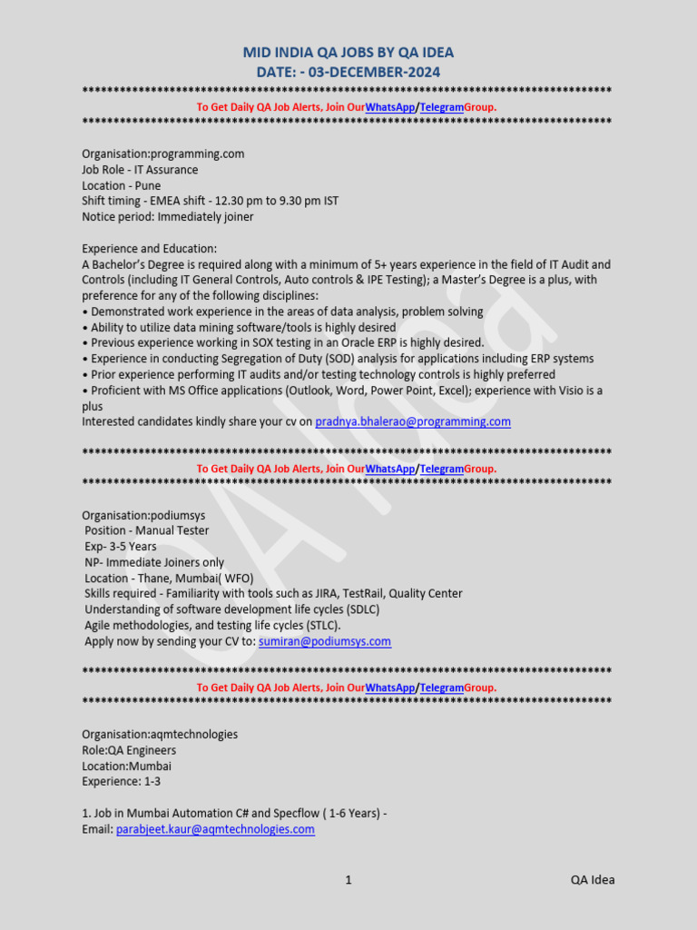 Mid India QA Jobs 03 Dec 2024 | PDF | Quality Assurance | Software Testing
