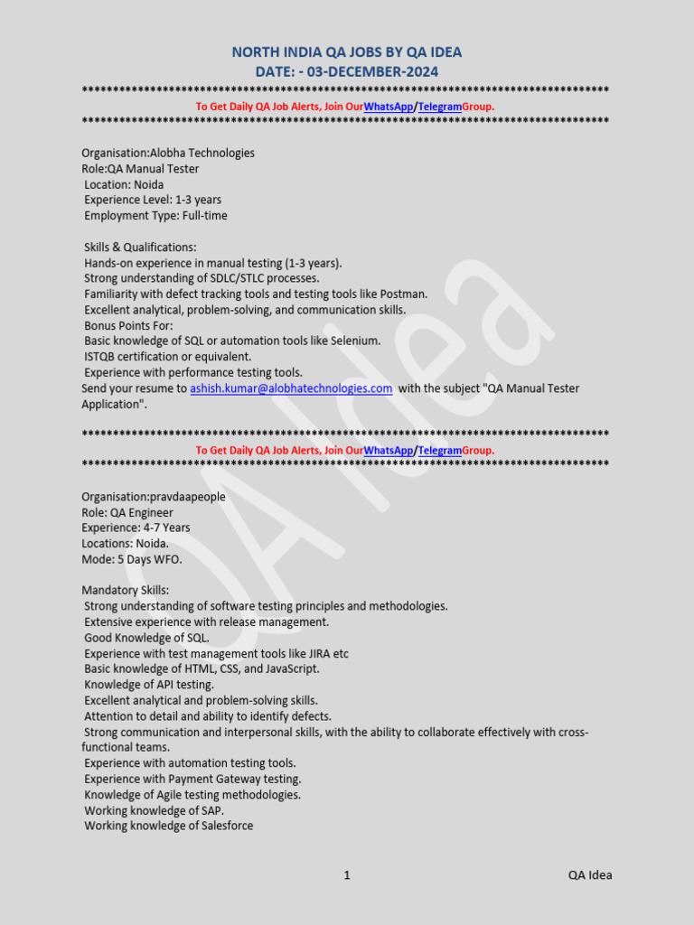 North India QA Jobs 03 Dec 2024 | PDF | Software Testing | Quality ...