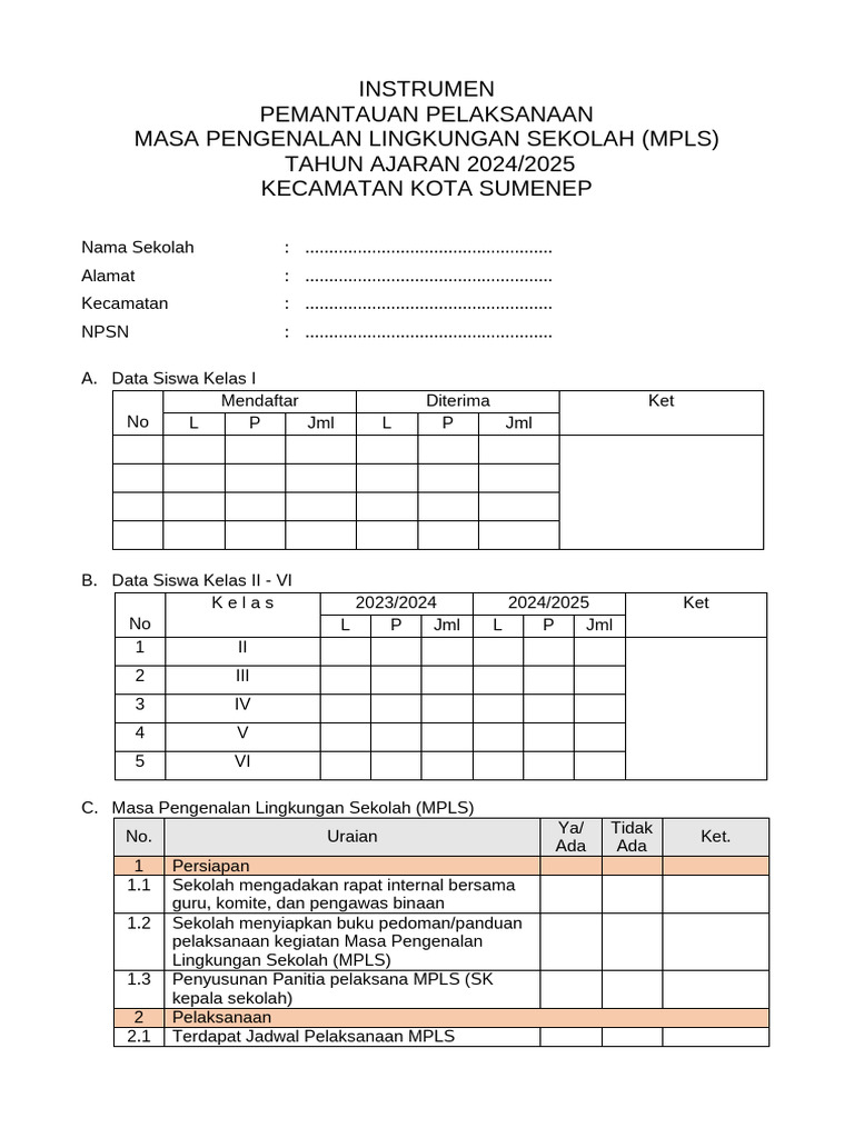 Instrumen Monev MPLS 2024-2025 | PDF