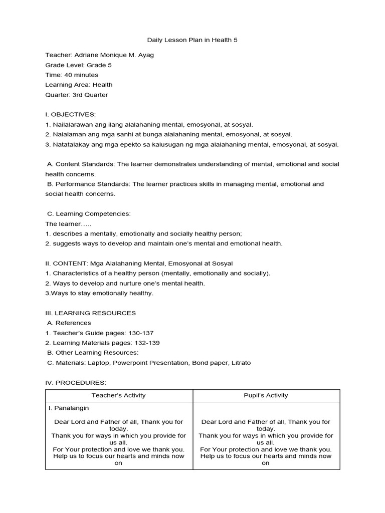 AYAG Daily Lesson Plan in Health 5 | PDF