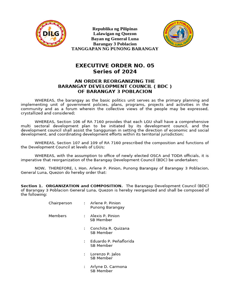 EO No. 002 2024 REORGANIZATION OF BDC 5 | PDF | Governance | Government