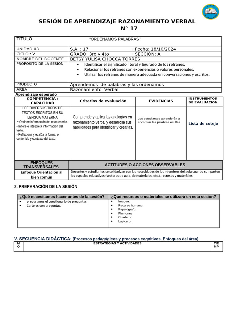 Sesion 18 de Raz. Verbal 2024 | PDF | Aprendizaje | Evaluación