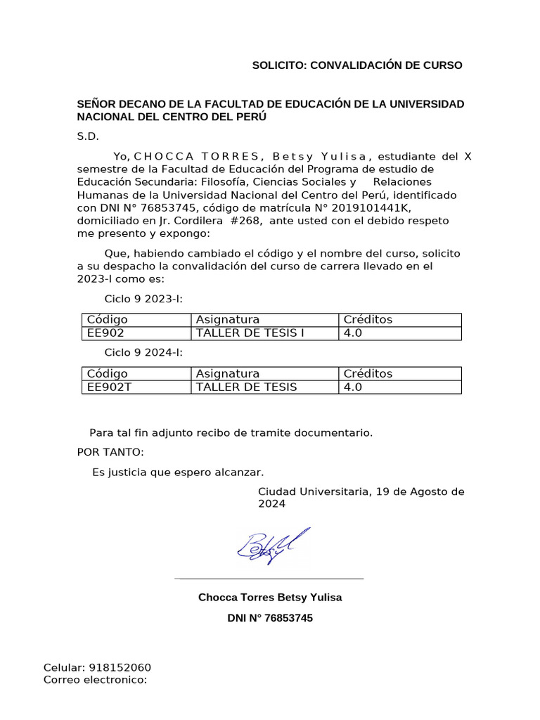 Solicitud-Convalidacion Chocca Torres Betsy | PDF