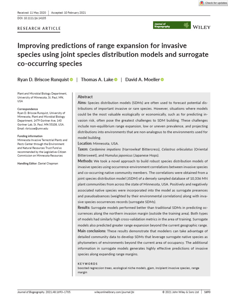 Journal of Biogeography - 2021 - Briscoe Runquist - Improving Predictions of Range Expansion For ...