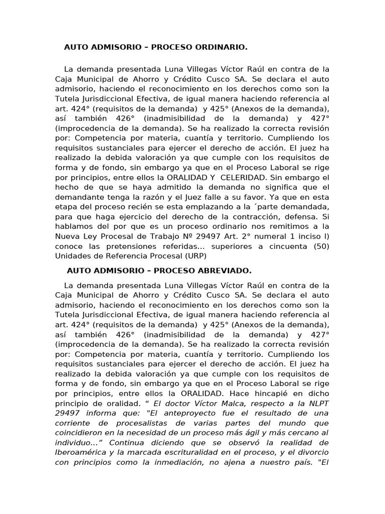 AUTO ADMISORIO- TECNICAS PROCESALES | PDF | Demanda judicial | Ley procesal