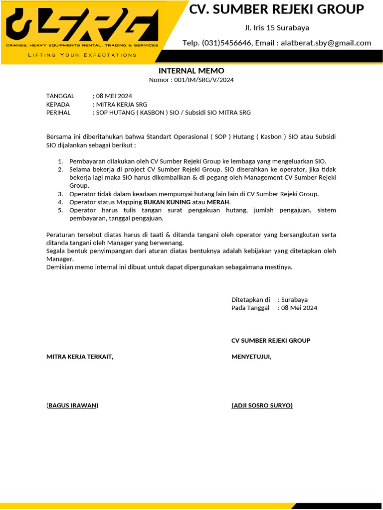 Sop Kasbon Mitra, Internal Memo | PDF