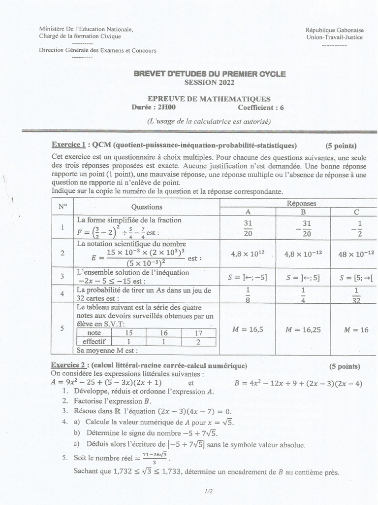 Maths Bepc 2022 | PDF