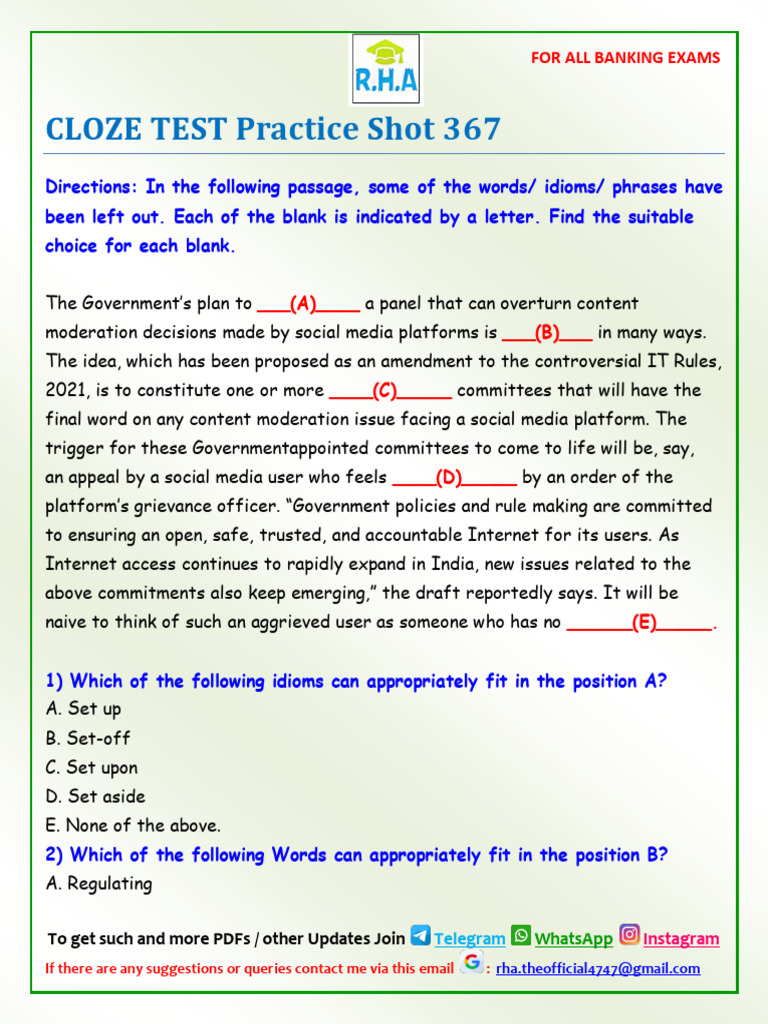 Banking Exam Cloze Test Practice | PDF | Social Media | Popular Culture ...