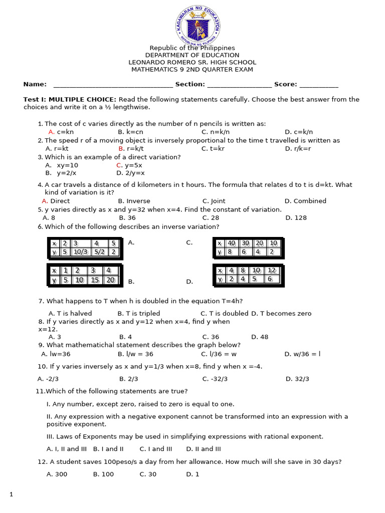 Mathematics 9 2nd Quarter Exam Guide | PDF | Exponentiation | Numbers