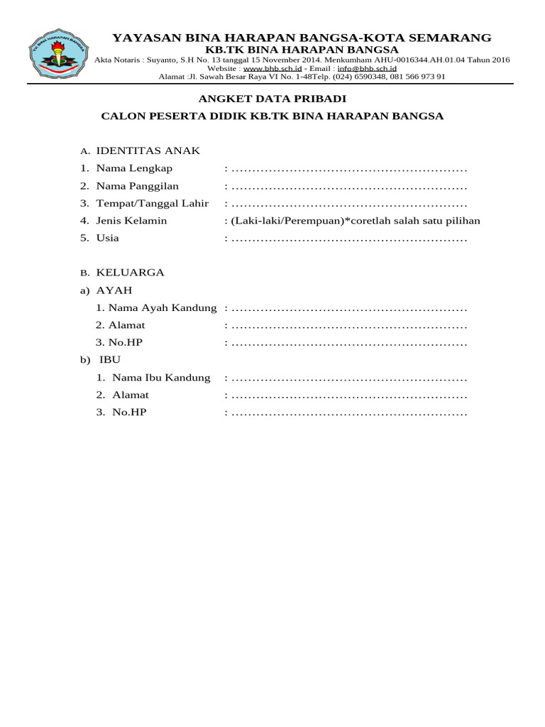 Angket Data Pribadi Siswa Baru | PDF