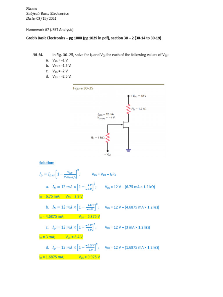 MATSUO Camille HOMEWORK 7 FET CIRCUITS ANALYSIS | PDF | Field Effect Transistor | Electrical ...