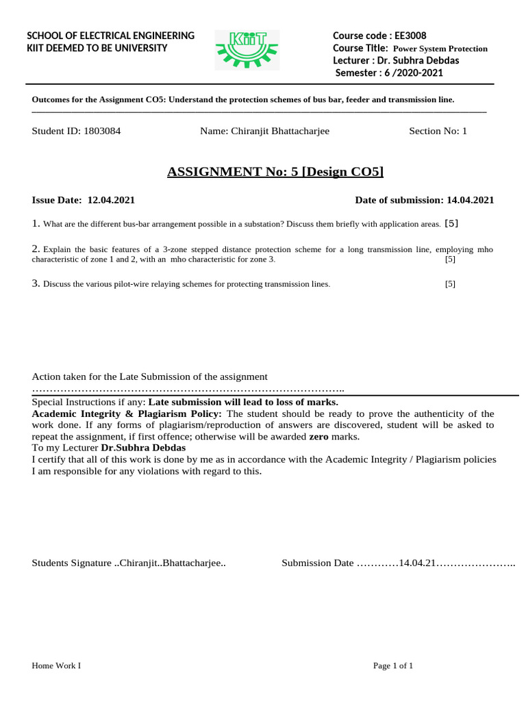 Power System Protection Assignment EE3008 | PDF