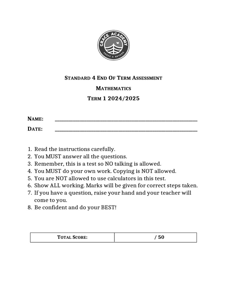 Standard 4 End of Term Assessment With Feedback | PDF | Numbers | Area