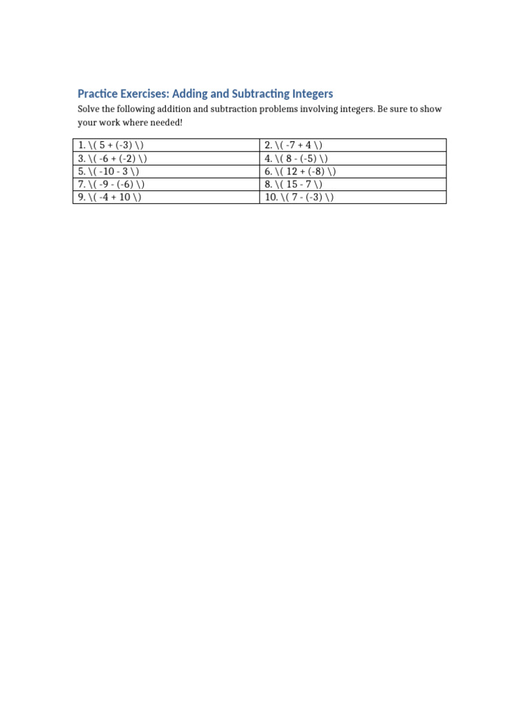 Nice Integer Addition Subtraction Exercises | PDF