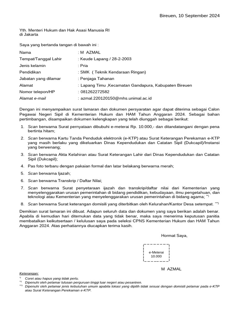 Surat Lamaran Azmal | PDF