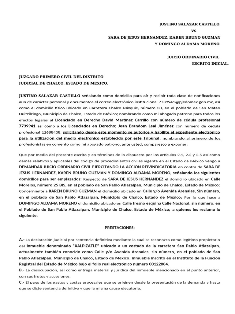 Juicio Reivindicatorio Justino Salazar Castillo Xalpizatle San Pablo ...