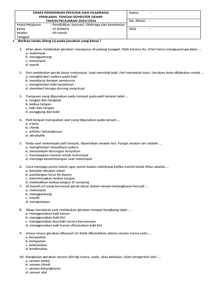 SOAL PTS PJOK KELAS 5 SEMESTER 2 | PDF