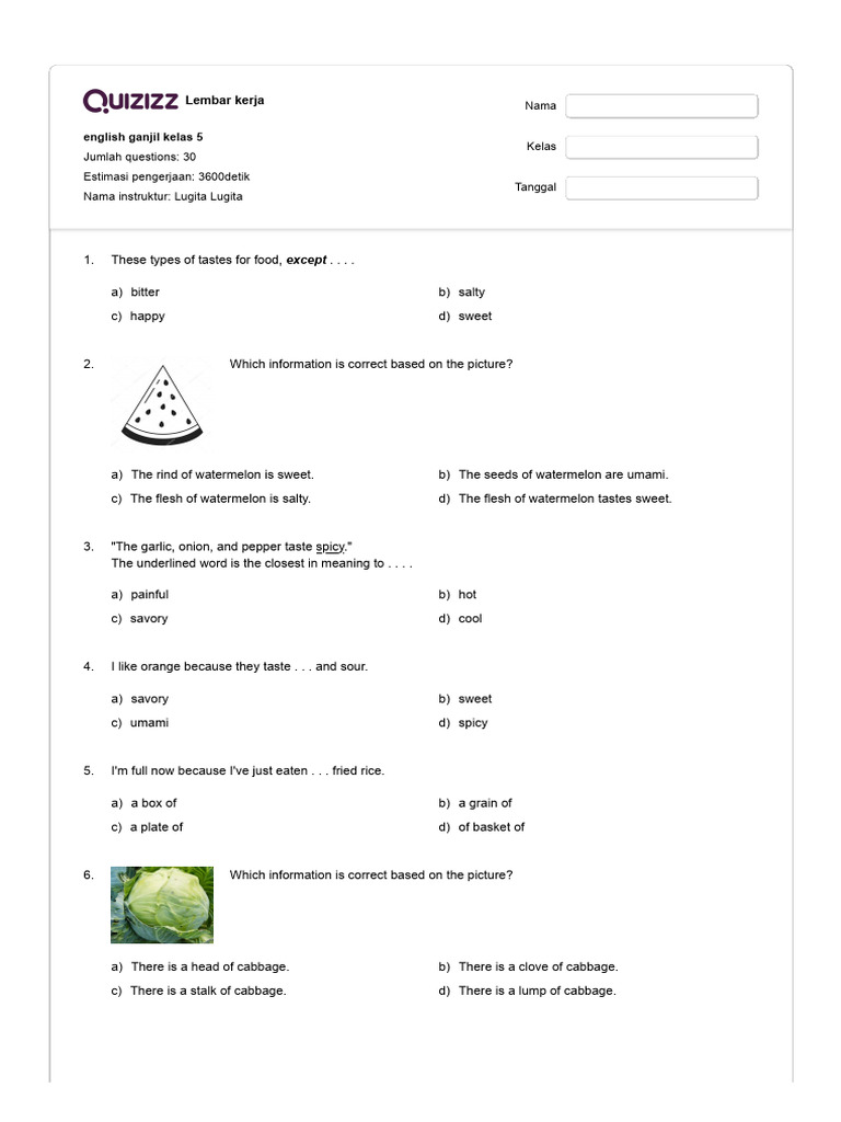 English Worksheet for 5th Grade Students | PDF | Taste | Umami