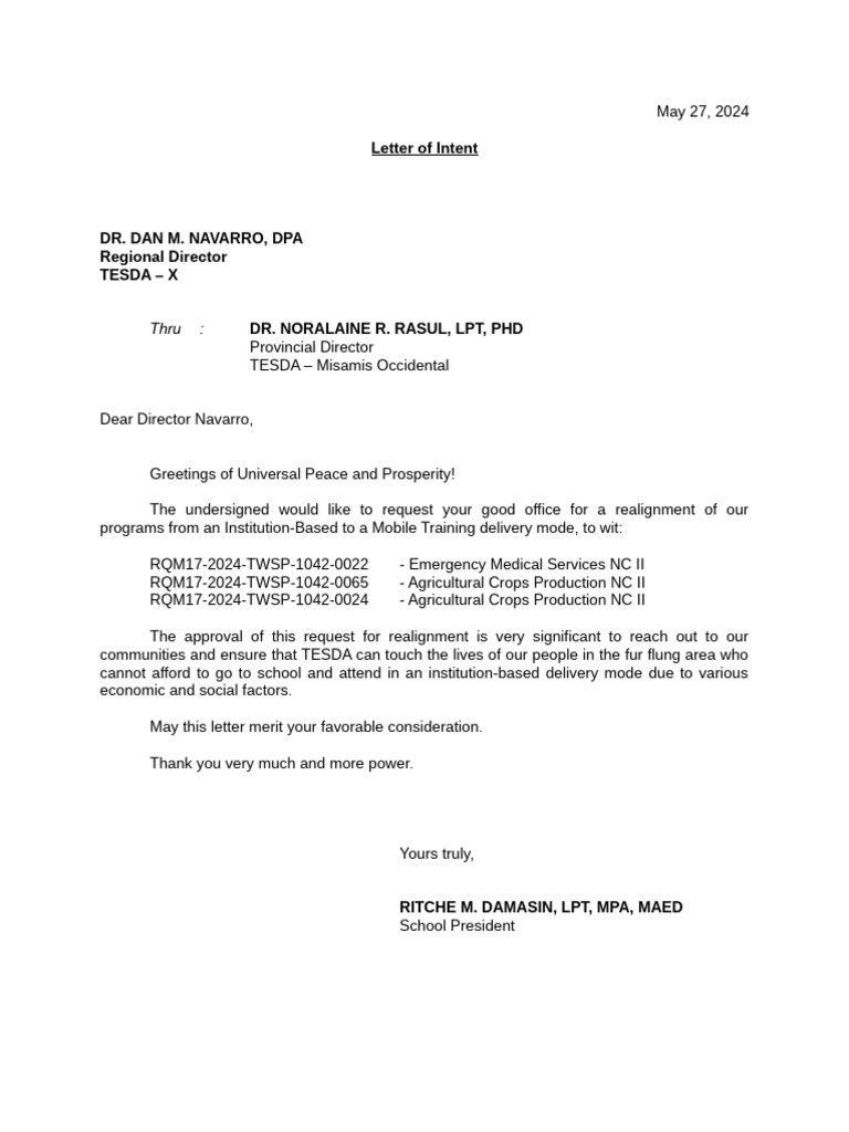 Letter of Intent For Realignment | PDF