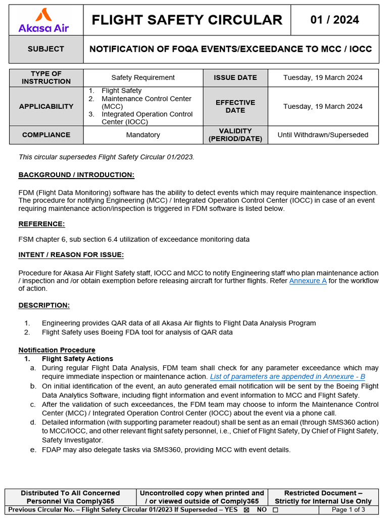 FS CIR 1 of 2024 - Notification of FOQA Events Engineering Parameters | PDF | Aviation