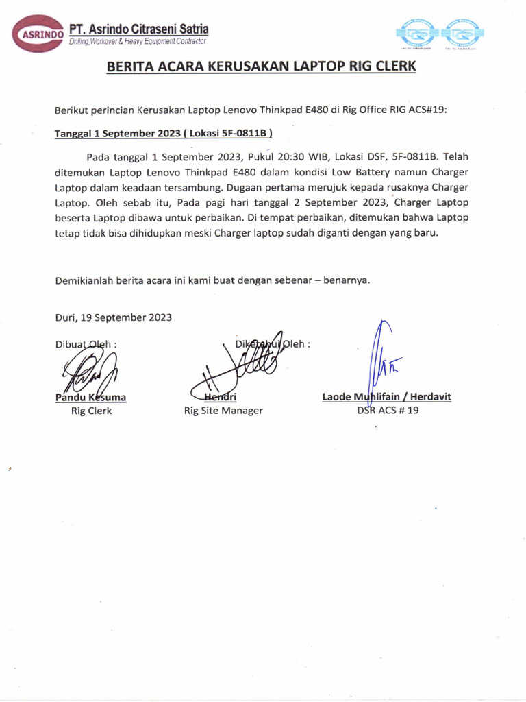 Berita Acara Kerusakan Laptop Rig Clerk (Lenovo Thinkpad E480) | PDF