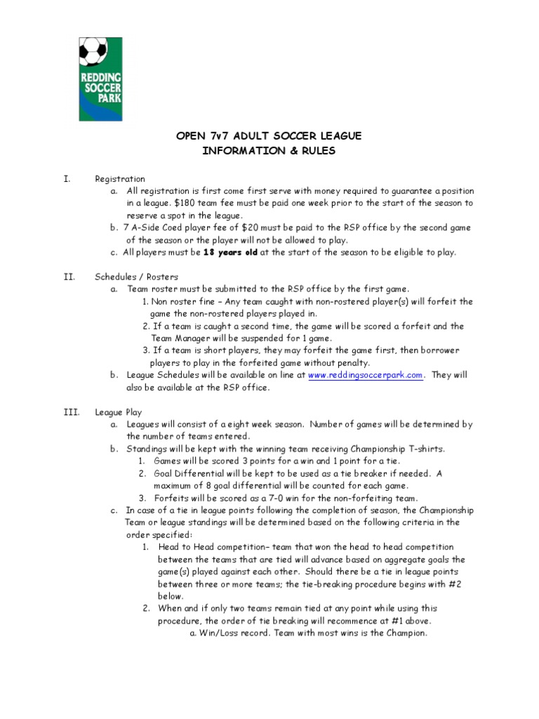 Open 7v7 Adult Soccer Leauge Rules | PDF | Games Of Physical Skill ...