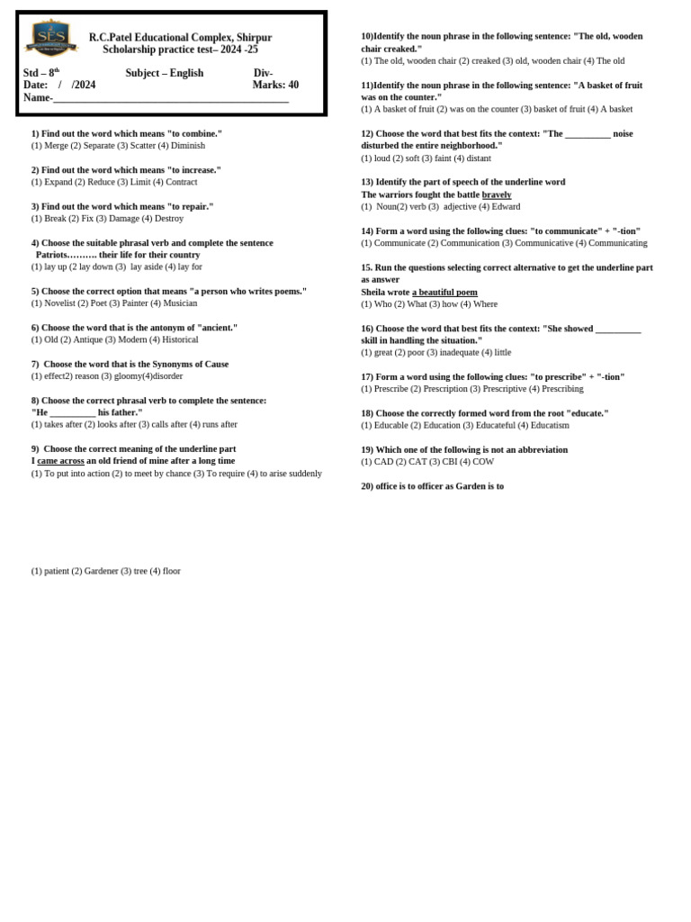 8th Grade English Scholarship Test 2024 | PDF | Phrase | Linguistics