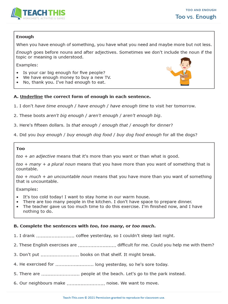 Too vs. Enough Worksheet | PDF | Noun | Morphology