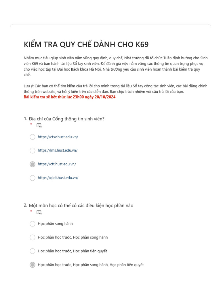 KIỂM TRA QUY CHẾ DÀNH CHO K69 | PDF