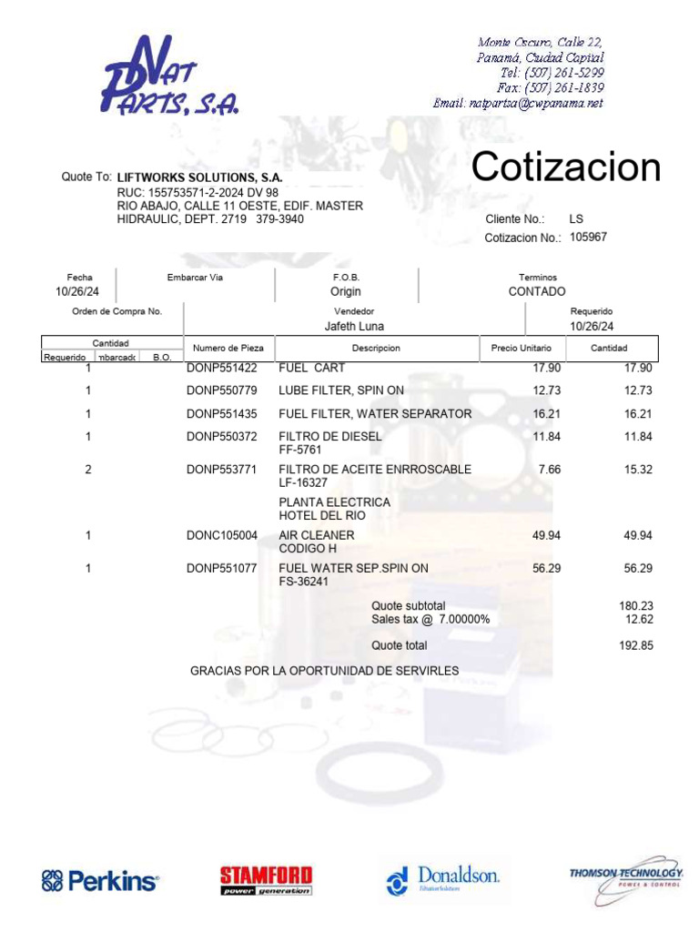 Cotización De Productos De Filtración Pdf