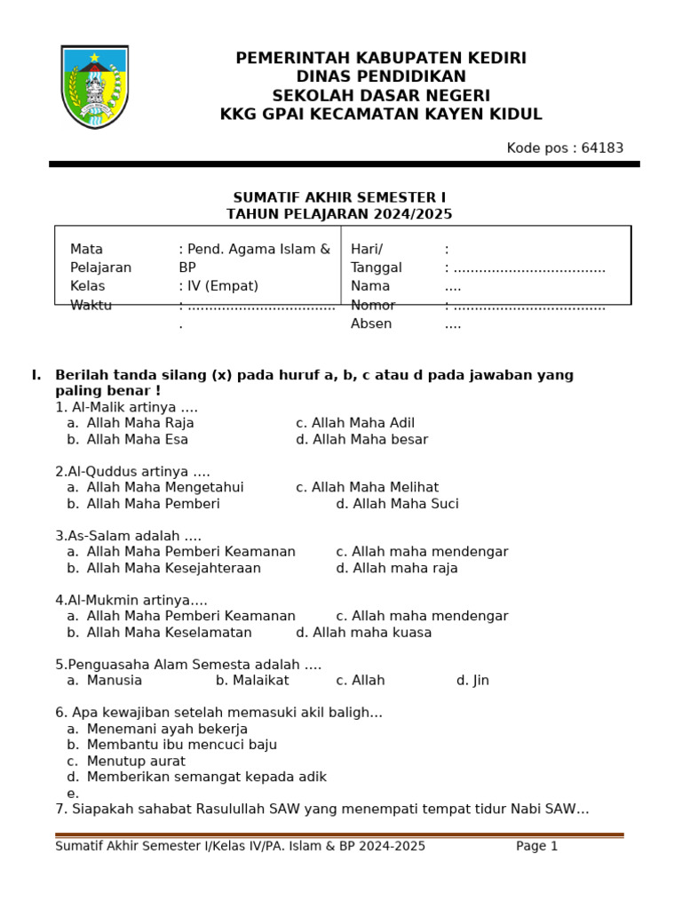 sumatif akhir semester 1 pai kls 4 | PDF