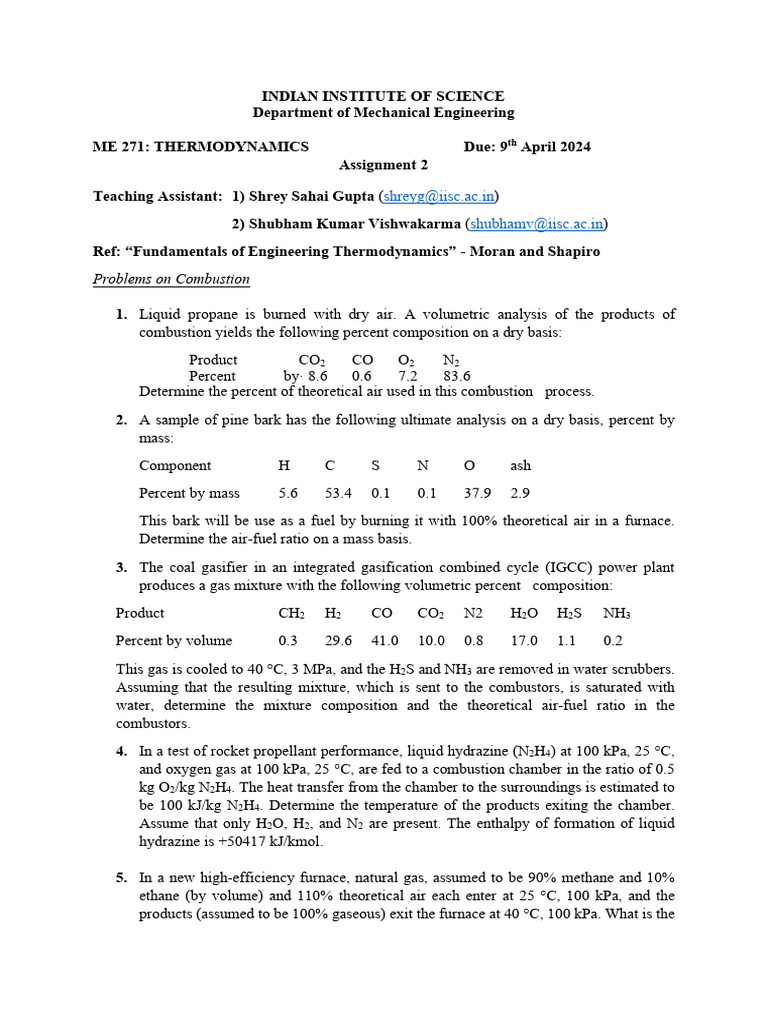 ME 271 Assignment 2 Jan April 2024 | PDF | Combustion | Gasification
