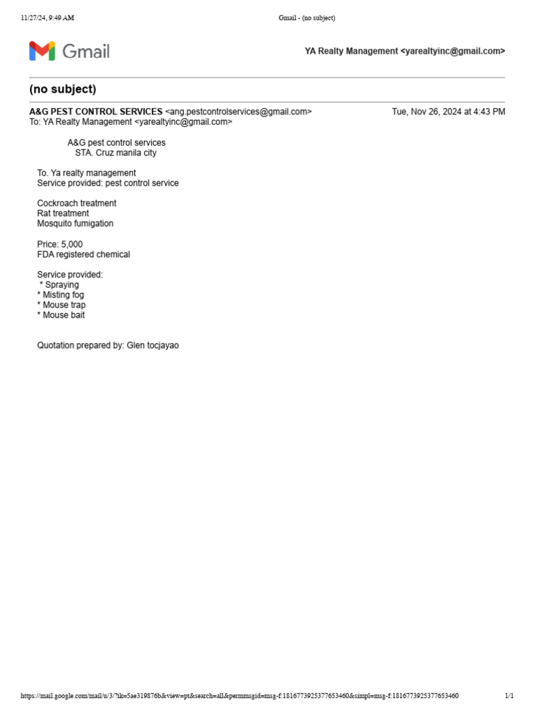 A & G Pest Control - Quotation | PDF