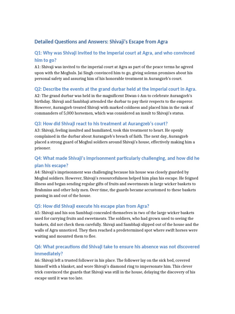 Shivaji Escape From Agra Questions | PDF