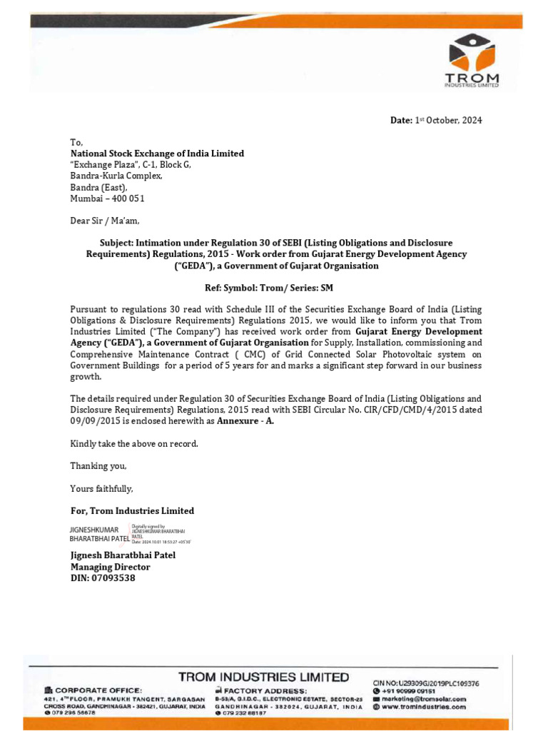 TROM 01102024203631 Intimation For Work Order | PDF | Market (Economics) | Private Law