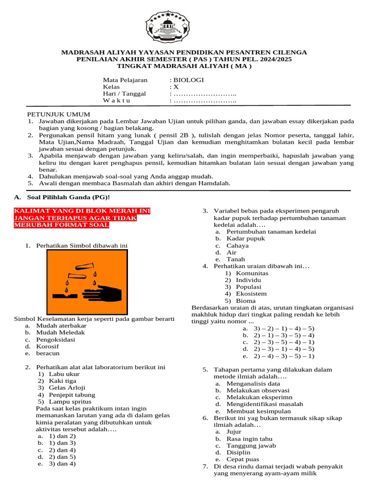 MA - Soal PAS Biologi X 2024 | PDF