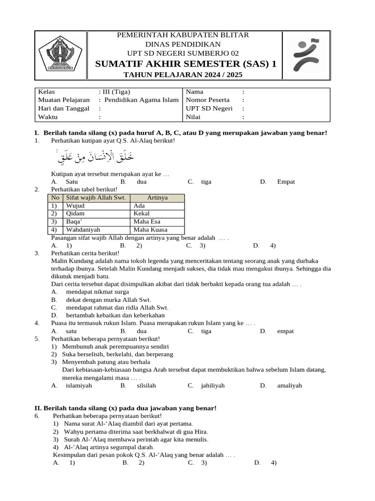 Naskah Soal Kelas 3 Paislam Sas | PDF