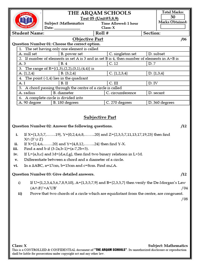 Class 10th Maths Test#5 | PDF | Circle | Pi